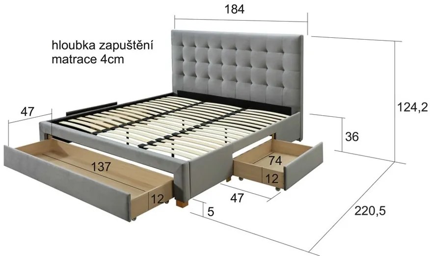 BRADOP Čalouněná postel Ola L504 se zásuvkami