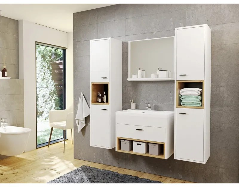 Koupelnový nábytek Olier II, Barva: bílý / bílý + dub artisan, Sifon k umyvadlu: ne, Baterie: ne, Baterie: bez baterie
