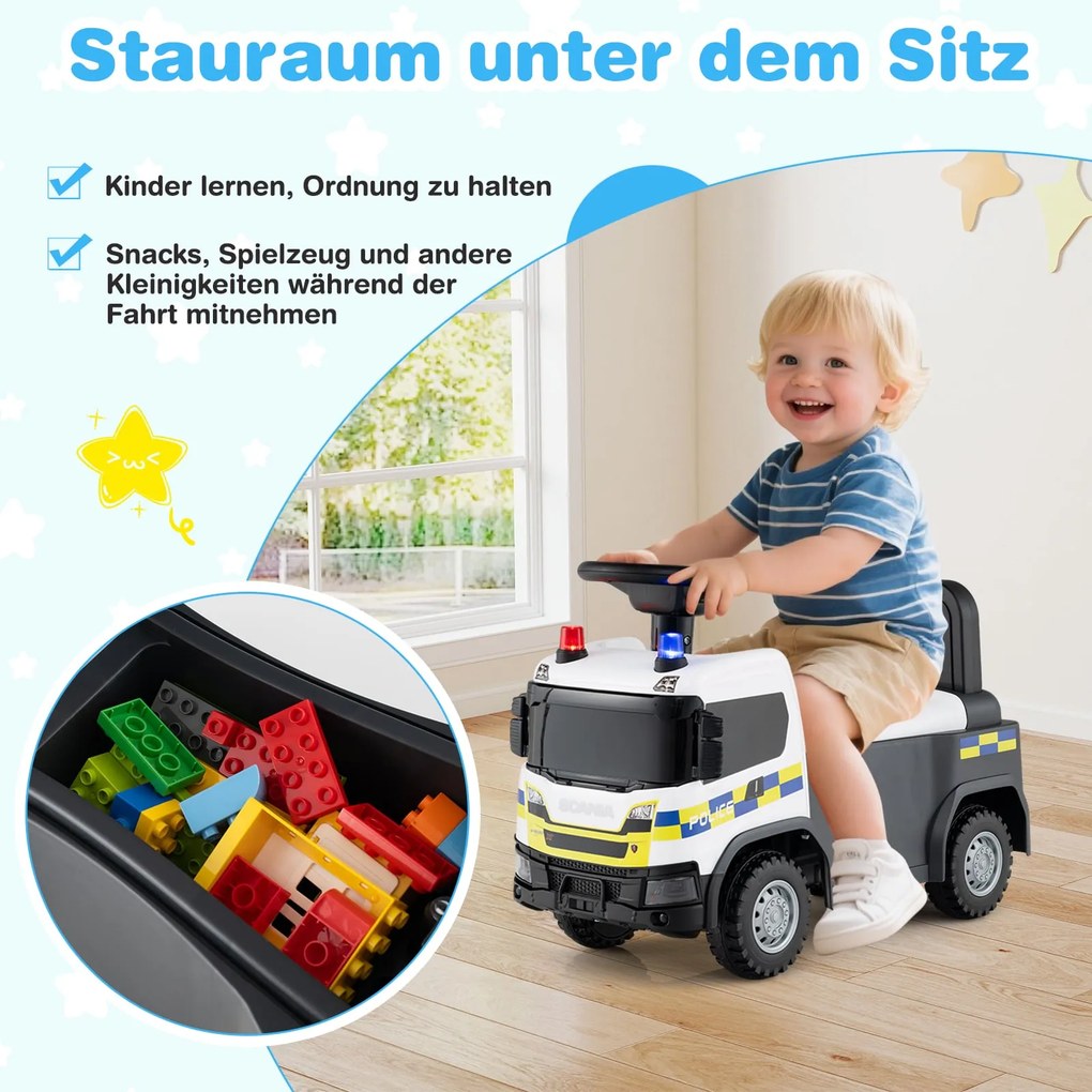 Costway 2 v 1 Policejní vůz s volantem a úložným prostorem Odtlačovací vůz