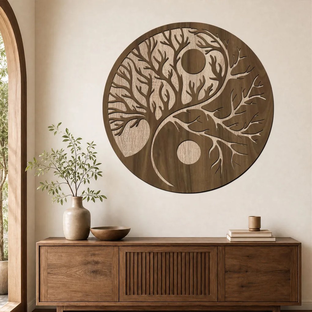 dřevo života 2 dílný dřevěný strom YING YANG na stěnu Zvolte barvu dekoru: Ořech-Dub Sonoma, Zvolte rozměr Ø (cm): 80