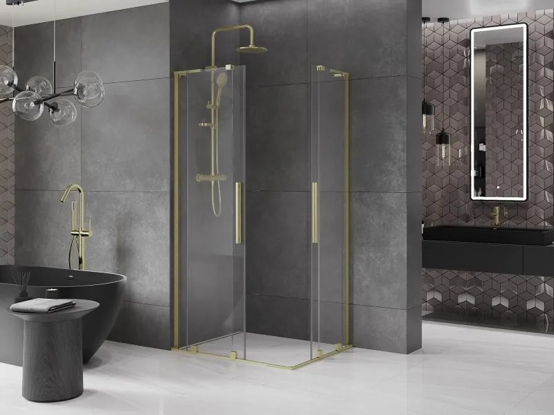 Mexen Velar L Duo, sprchový kout s posuvnými dveřmi 90 x 80 cm, 8mm čiré sklo, zlatá matná, 871-090-080-02-03-55