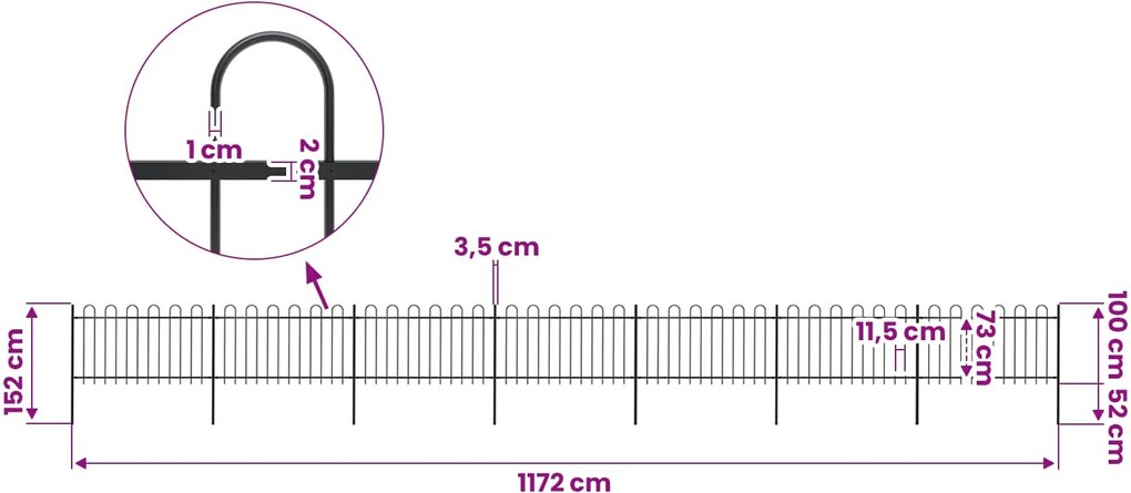 Zahradní plot s obloukem nahoře ocelový 1172 x 100 cm černý 277662