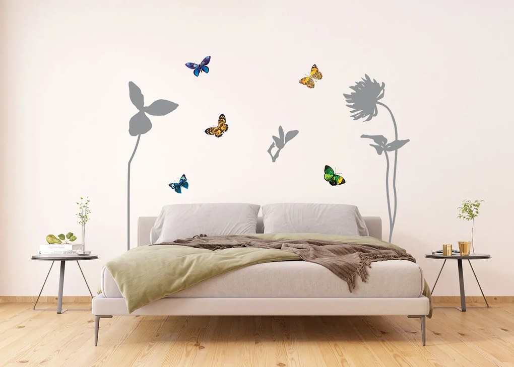 Samolepka na zeď Motýly na Šedých Květinách | 65 x 85 cm | DF0405