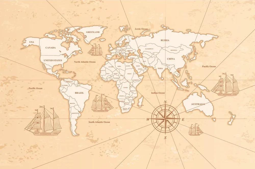 Tapeta zajímavá béžová mapa světa - 375x250 cm