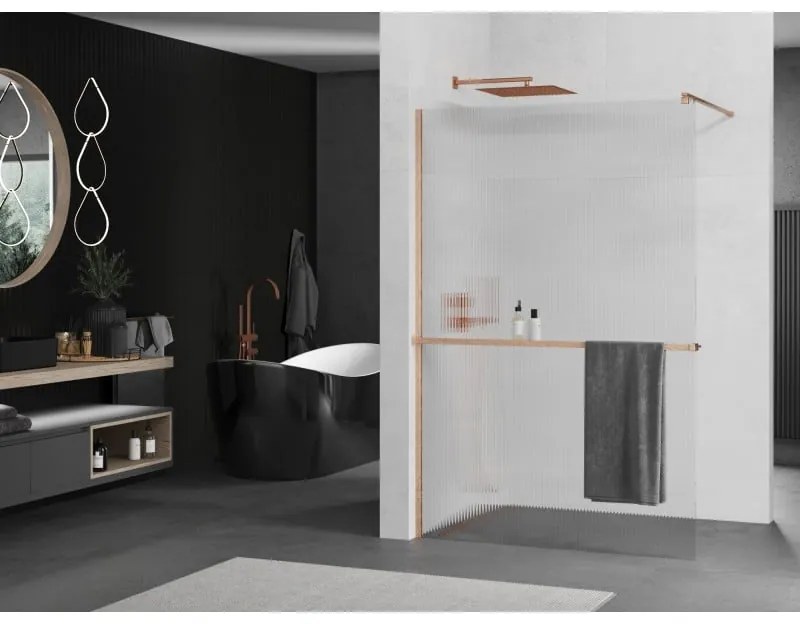 Mexen Kioto+, sprchová zástěna Walk-In s poličkou a věšákem 100 x 200 cm, 8mm sklo s žebrovým vzorem, měděný matný profil, 800-100-121-65-09