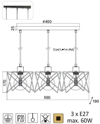 ACA DECOR Závěsné svítidlo ANDY max. 3x60W/E27/230V/IP20