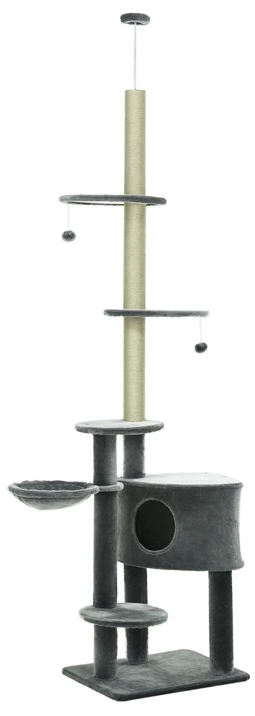 Strom pro kočky PawHut s nastavitelnou výškou H220-265 cm, nosnost do 30 kg, strom pro kočky s bidýlky, hracím míčem a postranním pelíškem, tmavě šed…