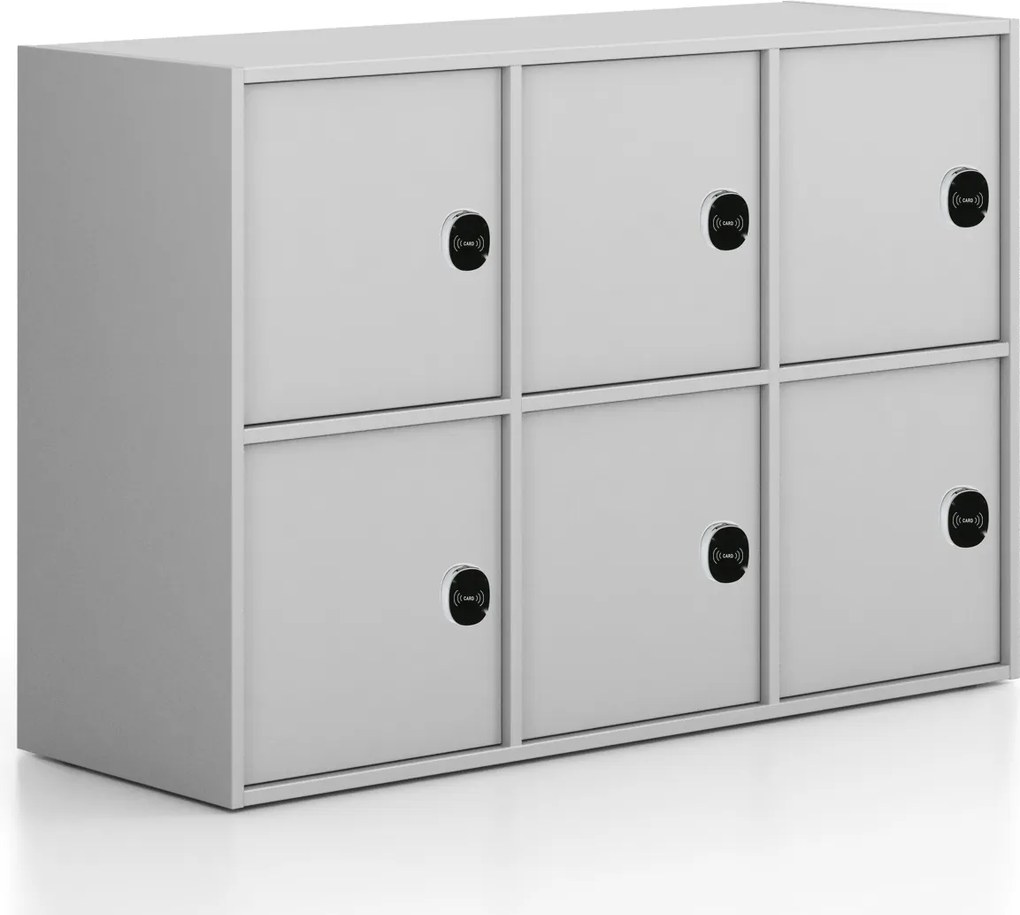 Kancelářská skříň FRAME, nízká, 6x dveře, 1299 x 450 x 881 mm, RFID zámek, šedá
