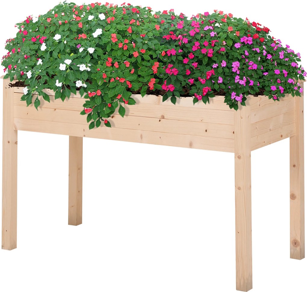 Outsunny Vyvýšená Městská Zahrada z Přirozeného Dřeva 122,5x56,5x76 cm - Vyvýšený Zahradní Stůl s Netkanou Textilií a 4 Odtokovými Otvory pro Rostliny