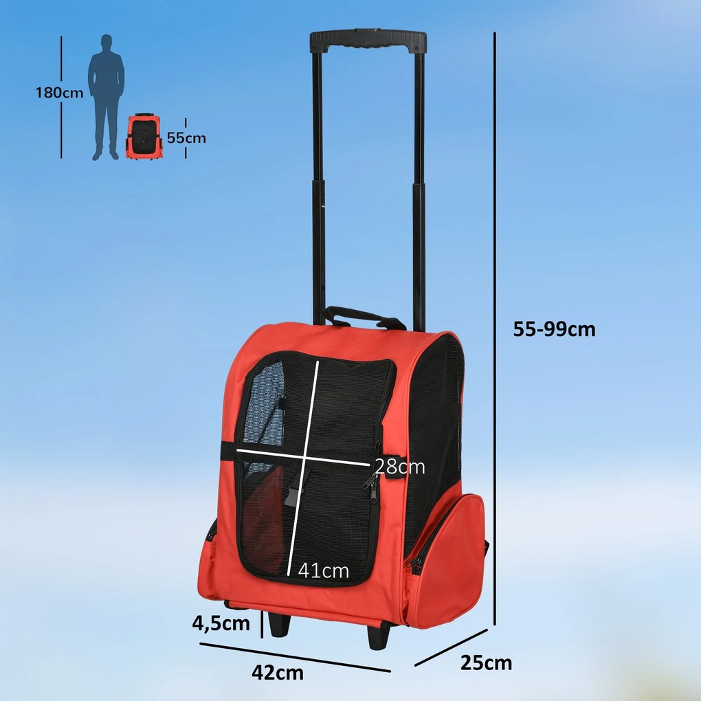 PawHut Pet Carrier Kart 2 v 1 Batoh 42x25x55 cm pro domácí mazlíčky Psy Kočky Červená