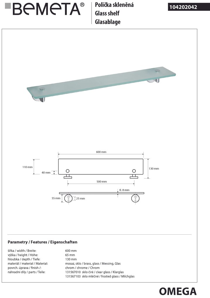 Bemeta Design OMEGA: Polička, 600 mm, sklo - 104202042