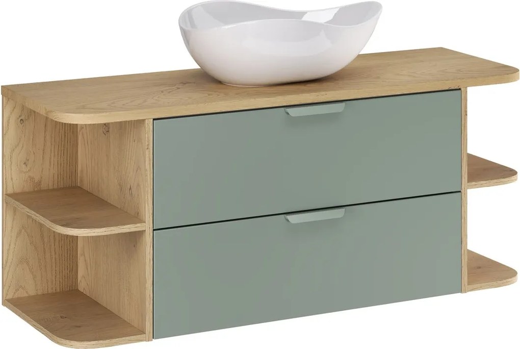 Závěsná skříňka Aster Ovalia Cloud s umyvadlem 120 cm dub cremona/zelená