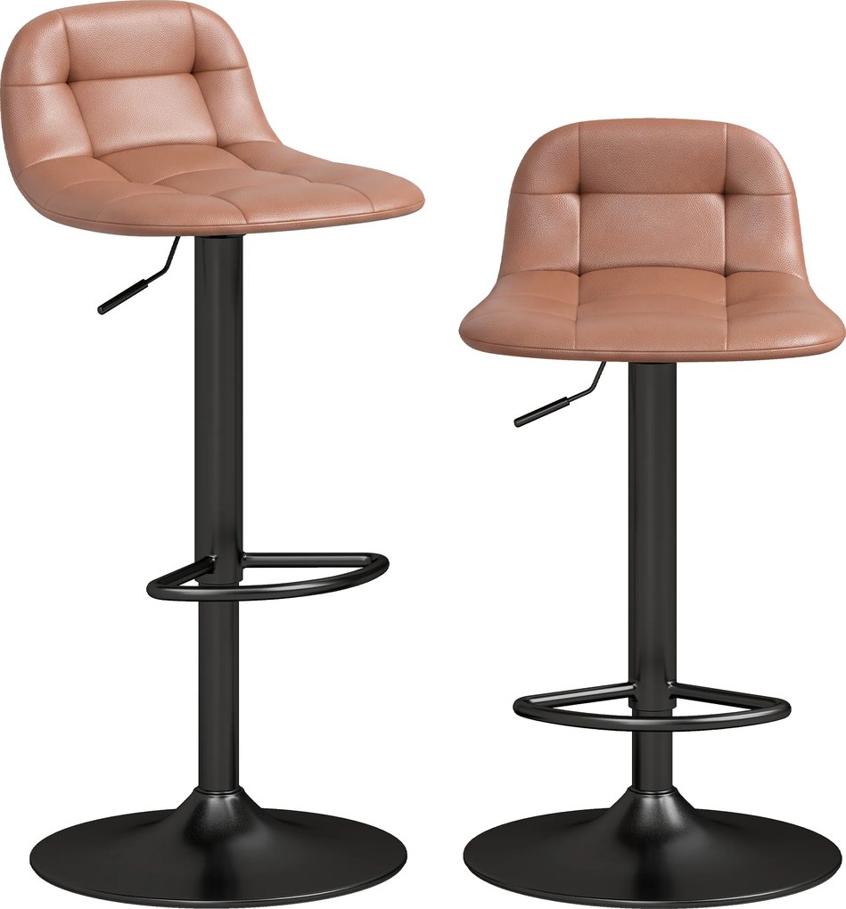 HOMCOM 2dílná sada barových židlí z PU kůže, retro-průmyslový styl, výškově nastavitelná, otočná o 360°, 40x41,5x76-98cm, tmavě hnědá