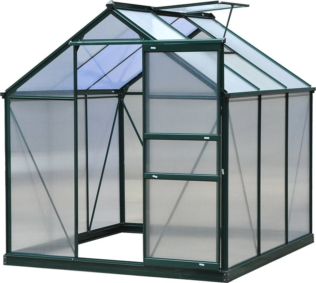 Outsunny Polykarbonátový Zahradní Skleník 3.65m² Hliníkový Zahradní Skleník 190 x 192 x 201cm UV-odolný, s Vyztuženým Základem, Okapy, Střešním Oknem
