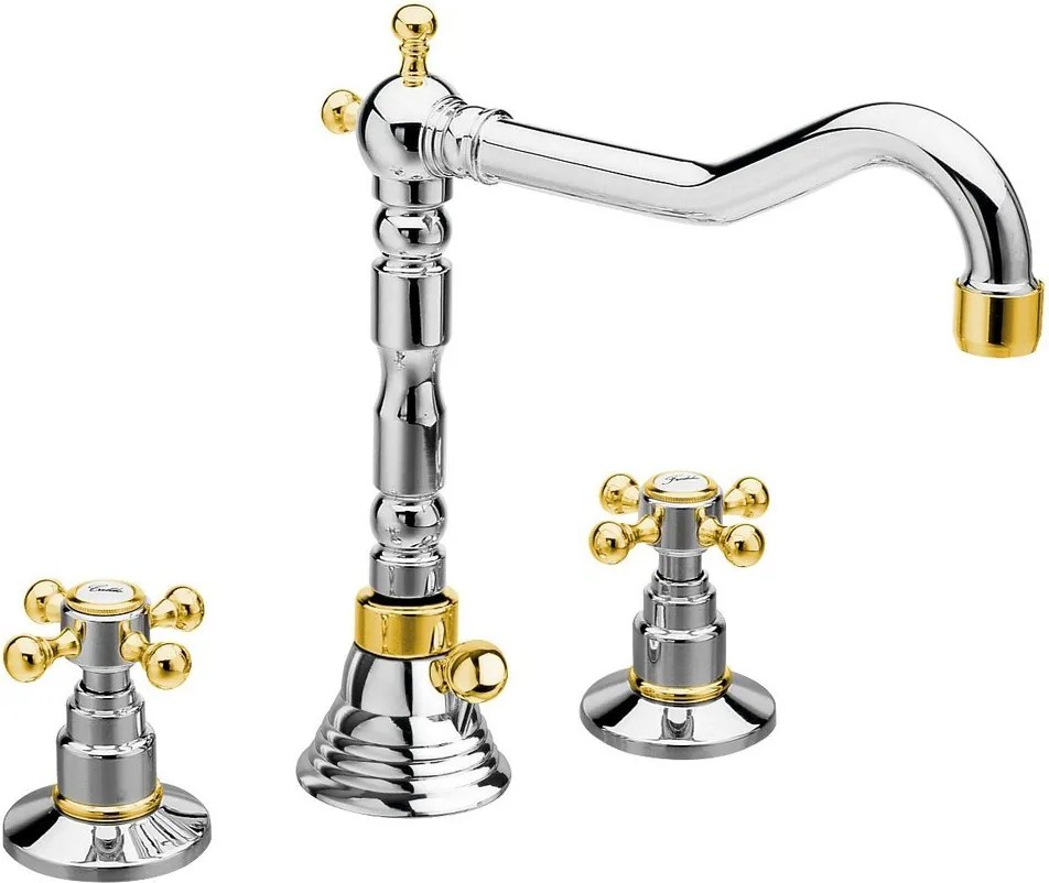 Reitano Rubinetteria Reitano Rubinetteria, ANTEA tříprvková umyvadlová baterie s retro hubicí, s výpustí, chrom/zlato, 3222
