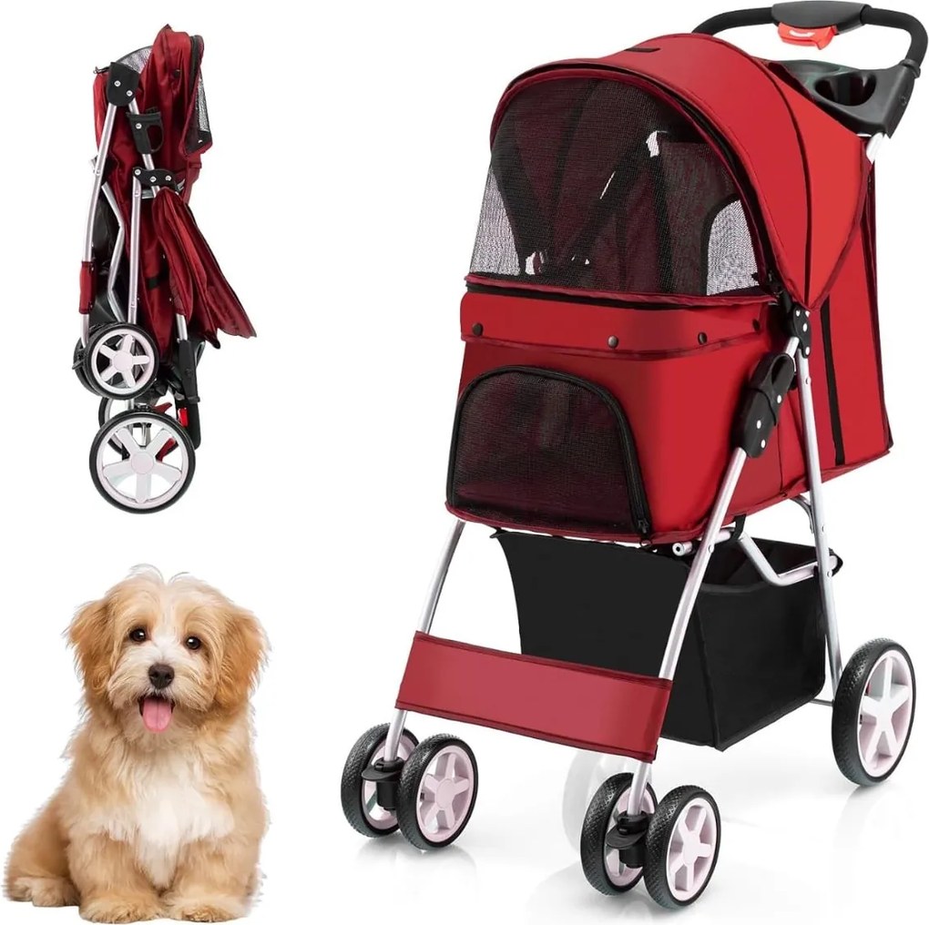 Costway Pet Kočárek Skládací kočárek pro psy s úložným košíkem Držáky na hrnky