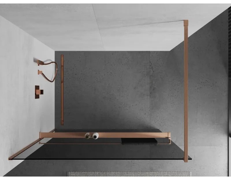 Mexen Kioto+, sprchová zástěna Walk-In s poličkou a věšákem 100 x 200 cm, 8mm šedé sklo, měděný matný profil, 800-100-121-65-40