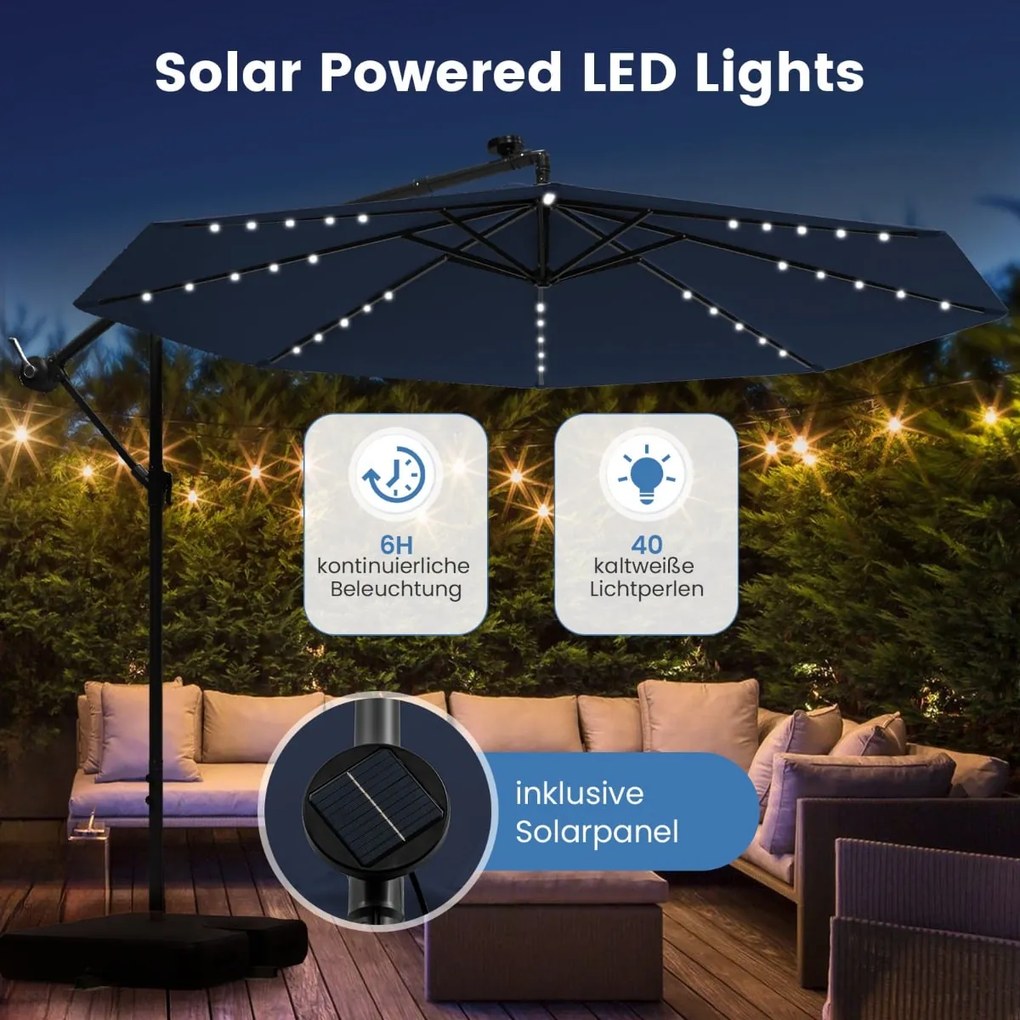 Costway Ø 300 cm konzolový deštník se 40 solárními LED světly a pytli s – modrý