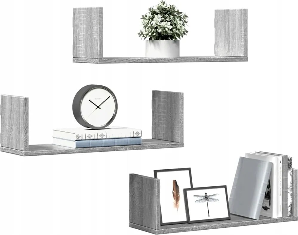 Fionshop 263045433 Nástěnné police 3 ks šedé sonoma 58x18x18 cm kompozitn