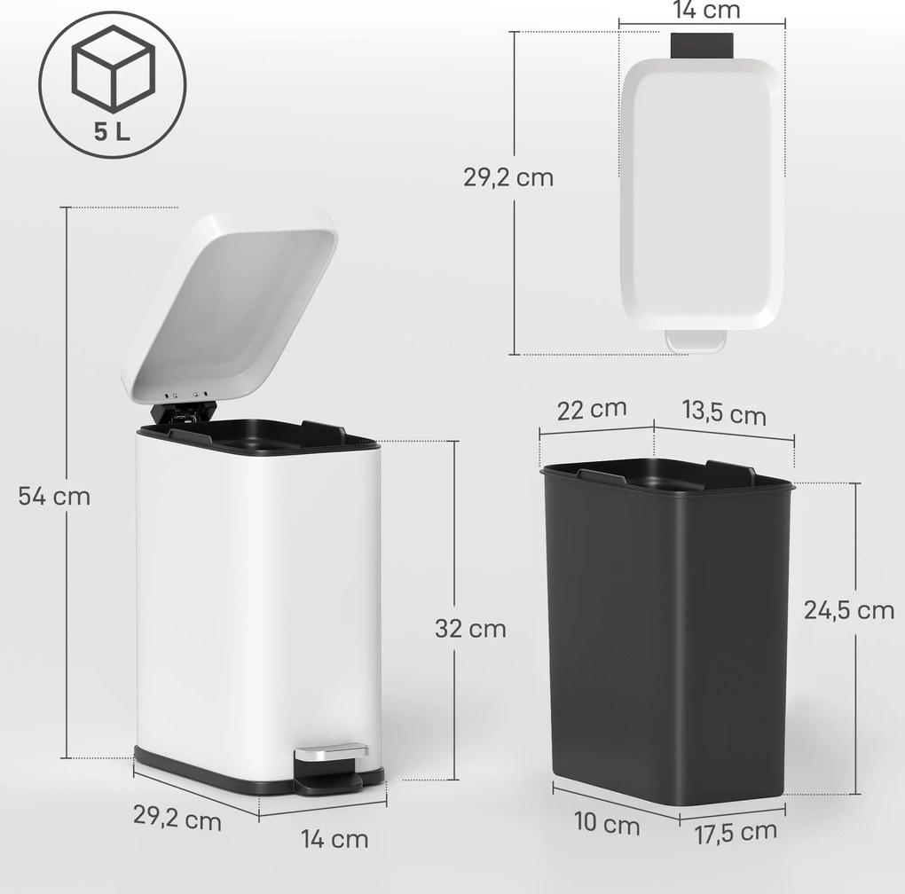 HOMCOM Pedálový odpadkový koš 5 l s víkem a nožním pedálem, kovový vnitřní koš v bílé barvě 29,2x14x32 cm, ideální do obývacího pokoje a kanceláře | …