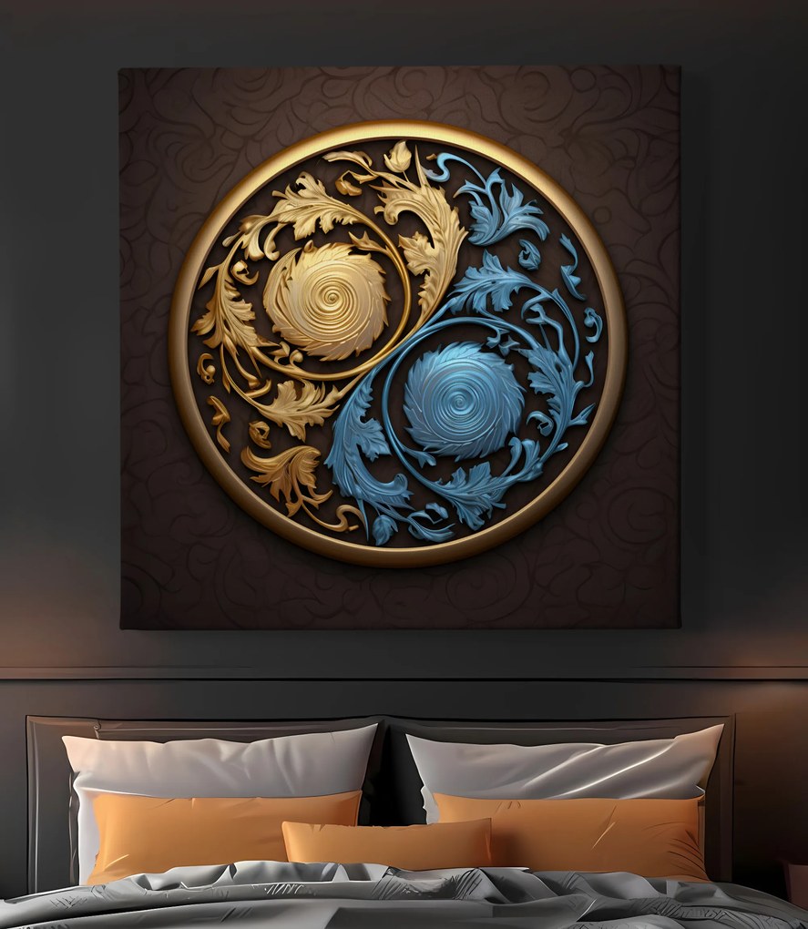 Obraz na plátně - Zlato modrý Yin Yang symbol v kruhu FeelHappy.cz Velikost obrazu: 140 x 140 cm