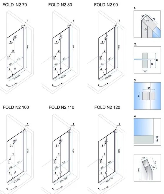 Obdélníkový zalamovací sprchový kout REA FOLD N2 90x100 cm, chrom/transparent - bez vaničky