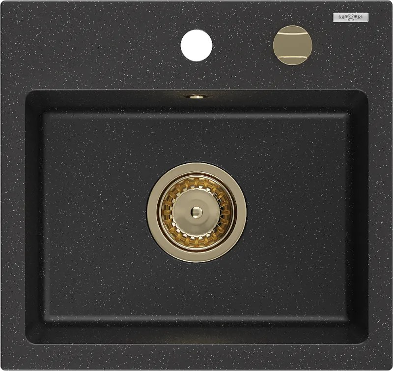 Mexen Milo, granitový dřez 435x410x171 mm, 1-komorový, černá-stříbrná metalíza se zlatým sifonem, 6505441000-73-G