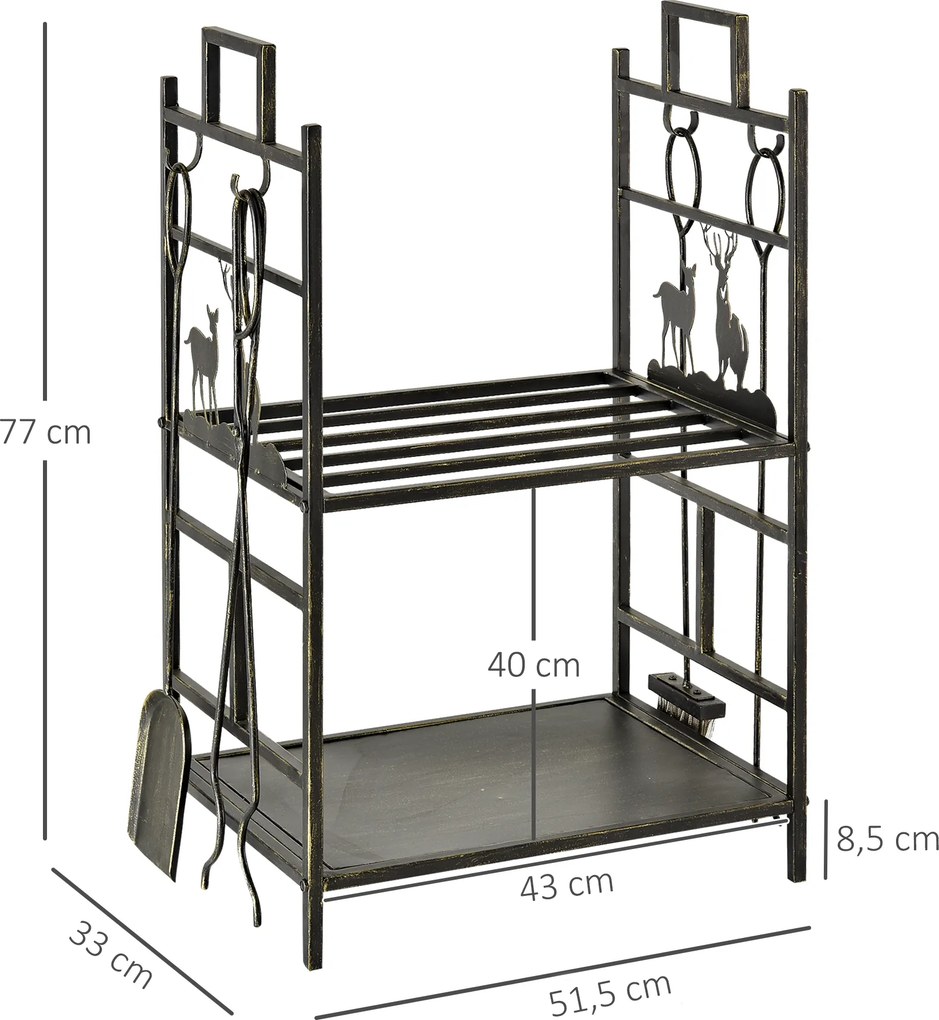 Outsunny Stojan na Dřevo s Nástroji do Krbu, Regál na Dřevo, Skladování Dřeva, Nástroje do Krbu Železo Černé+Zlaté 51,5x33x77 cm
