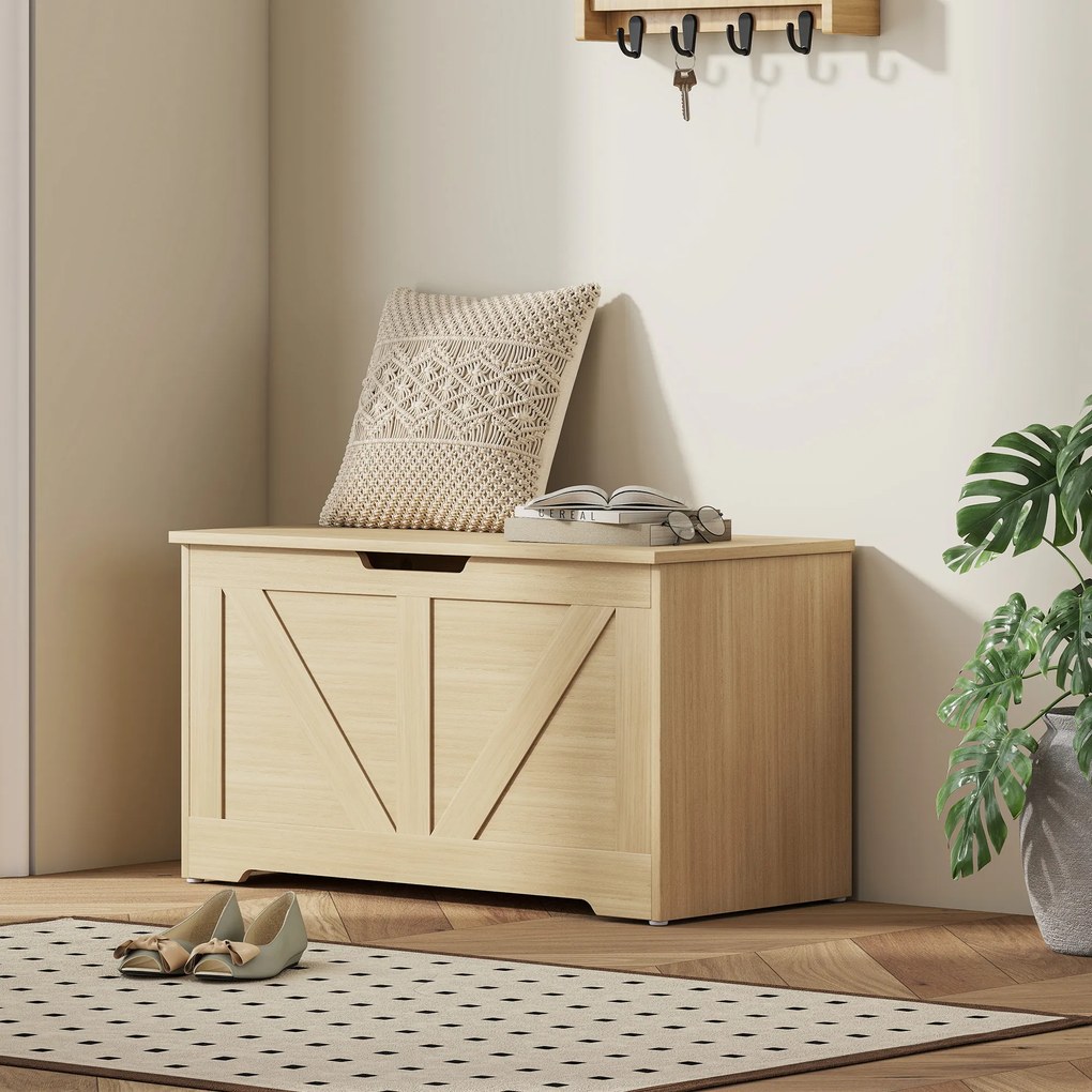 HOMCOM úložná truhla s sklápěcím víkem a bezpečnostními panty, 80 x 40 x 45 cm, přírodní dřevo