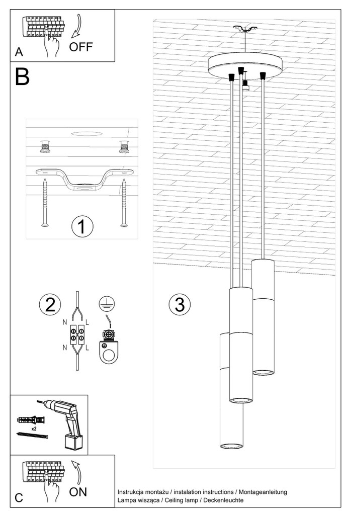 Závěsné svítidlo Borgio, 3x betonové/černé kovové stínítko,