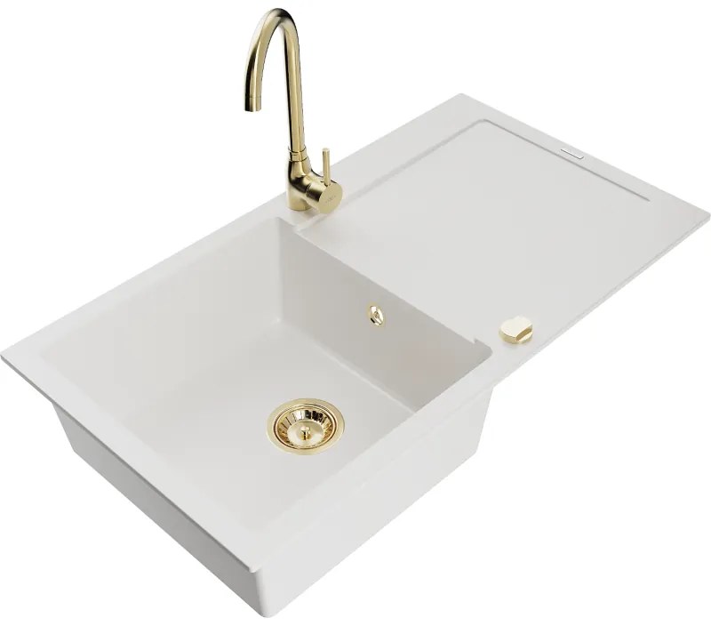 Mexen Leo, 1-komorový granitový dřez s odkapávačem 90x50 cm a kuchyňskou baterií Telma, bílá, 6501-20-670200-50