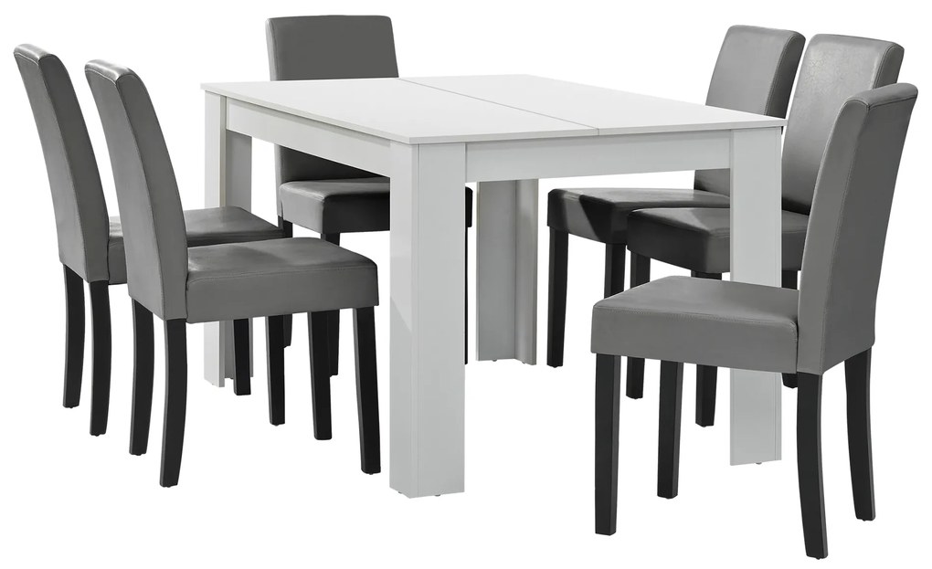 [en.casa] Jídelní set 1x jídelní stůl "Nora" HTFU-1404 bílý a 6x jídelní židle HTMY-9701 světle šedá