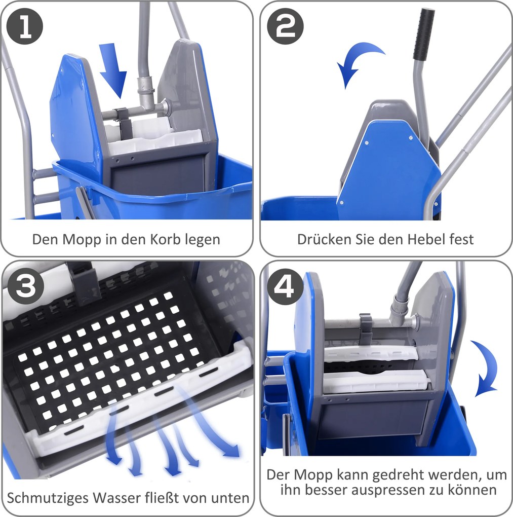 HOMCOM Úklidový vozík, vozík na mop, objem 25 l, 4 kolečka, plast, modrý