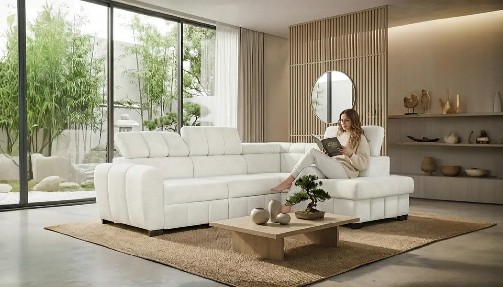 Rohová rozkládací sedací souprava do L ZEFIRO, 270 cm, s úložným prostorem Roh pohovky: Levý roh, Barva látky Prime: Krémová (Prime 02)
