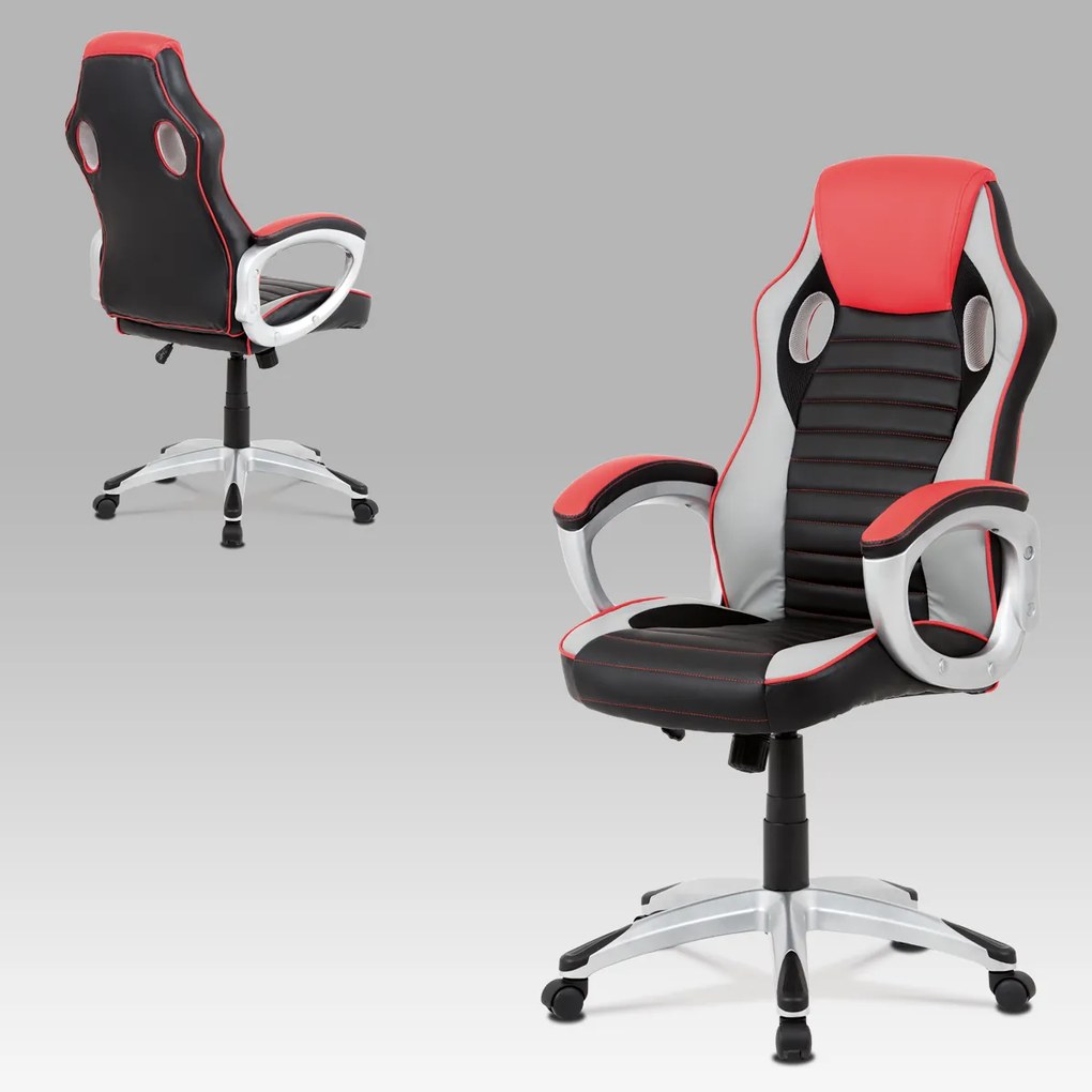 Artium Kancelářská židle, čalouněná červeno-šedo-černou ekokůží se stylovým červeným prošitím a s pr
