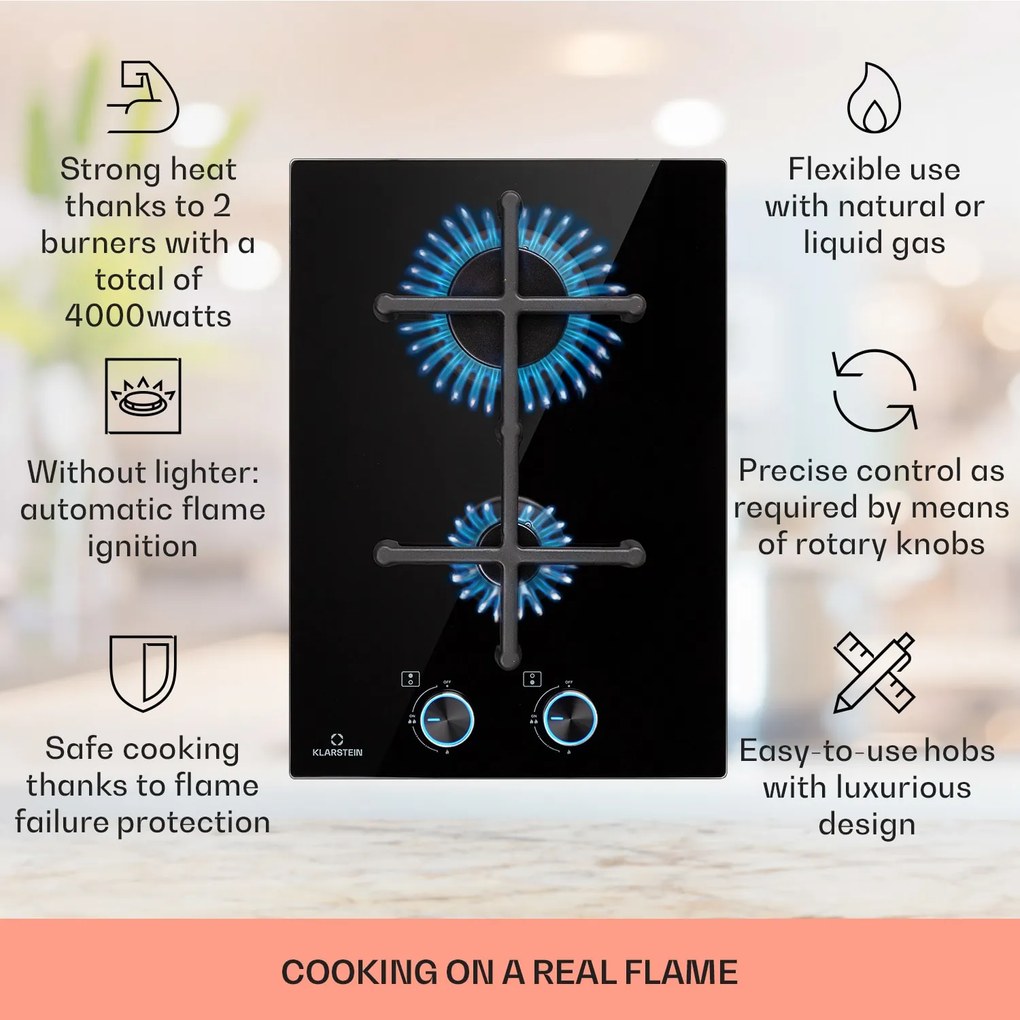 Klarstein Illuminosa Domino, plynová varná deska, 2 hořáky Sabaf, sklokeramika