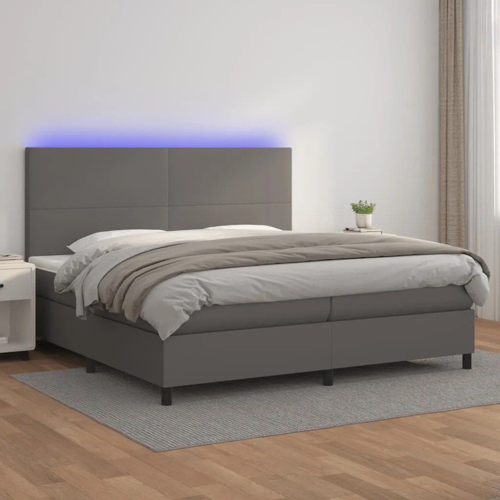 Box spring postel s matrací a LED šedá 200x200 cm umělá kůže
