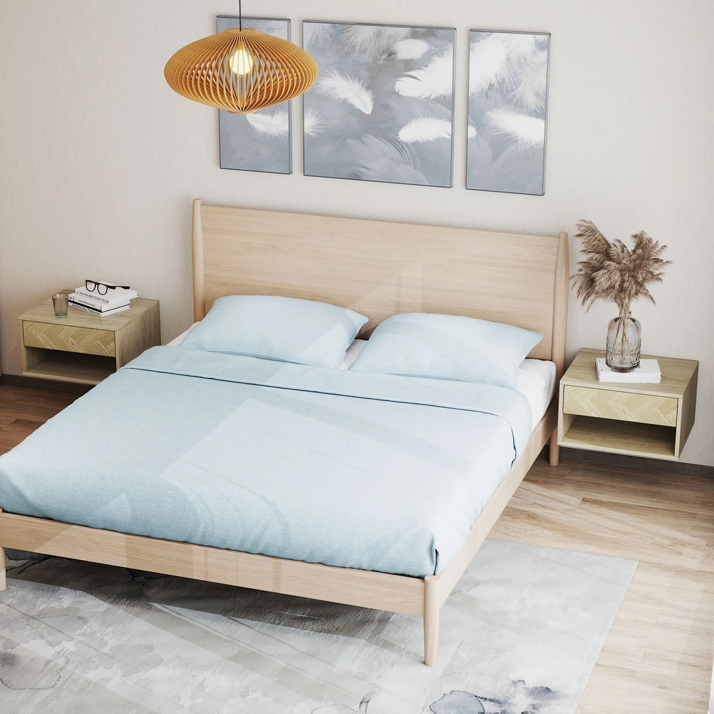 HOMCOM Sada 2 moderních závěsných nočních stolků s šuplíkem a otevřenou přihrádkou, 37x32x21 cm, přírodní dřevo