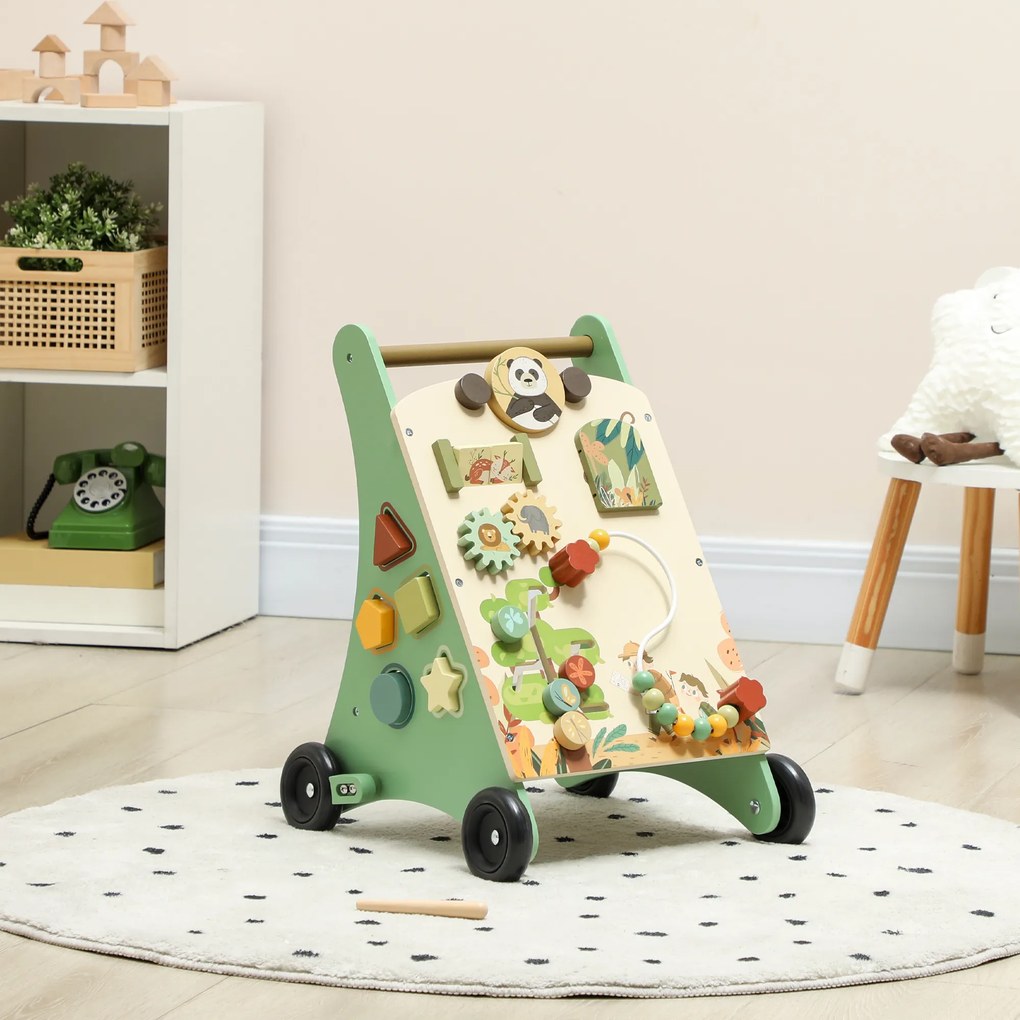 AIYAPLAY Dřevěný chodítko Montessori s regulací rychlosti, xylofonem, ozubenými koly a bludištěm s korálky, zelené