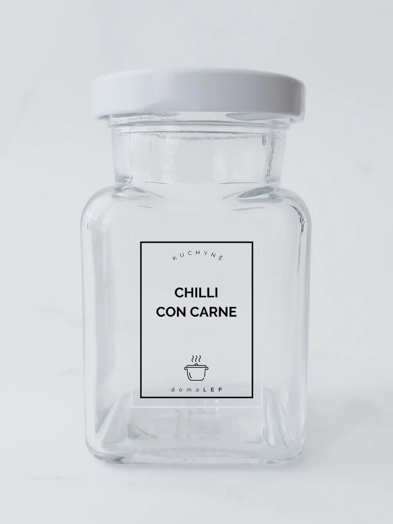 Samolepka na kořenky CHILLI CON CARNE průhledná 3 × 4 cm tučné písmo