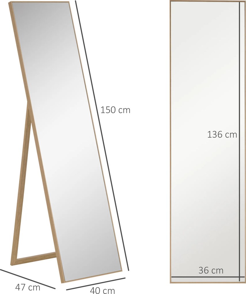 HOMCOM celotělové zrcadlo s podstavcem, volně stojící, 40 cm x 150 cm, přírodní