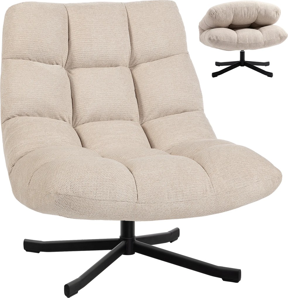 HOMCOM křeslo do obývacího pokoje bez opěrek, otočné o 360°, voděodpudivá tkanina chenille, široký sedák, 75 x 95 x 90 cm, krémová