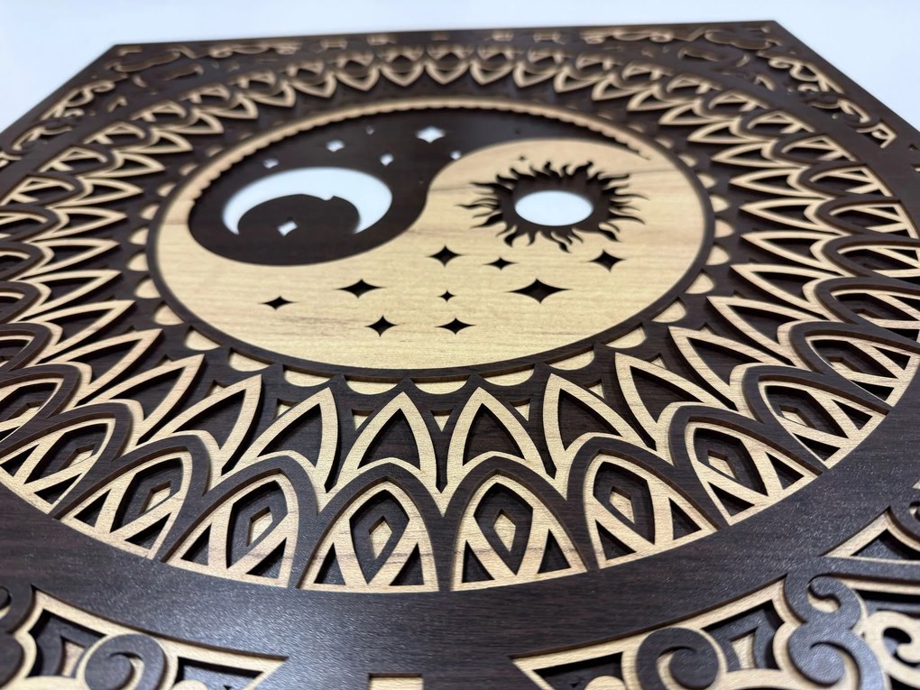 dřevo života Dřevěná 5 vrstvá mandala YIN YANG Zvolte rozměr (cm): 95, Zvolte barevný dekor: černá-bílá