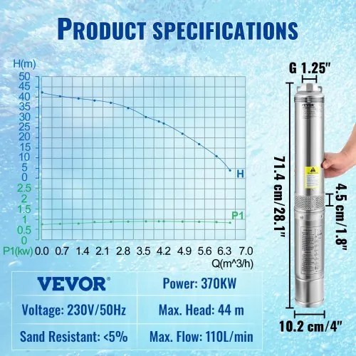 ponorné čerpadlo do hlubokých studní, 370 W 230 V/50 Hz, 110 l/min. 44 m
