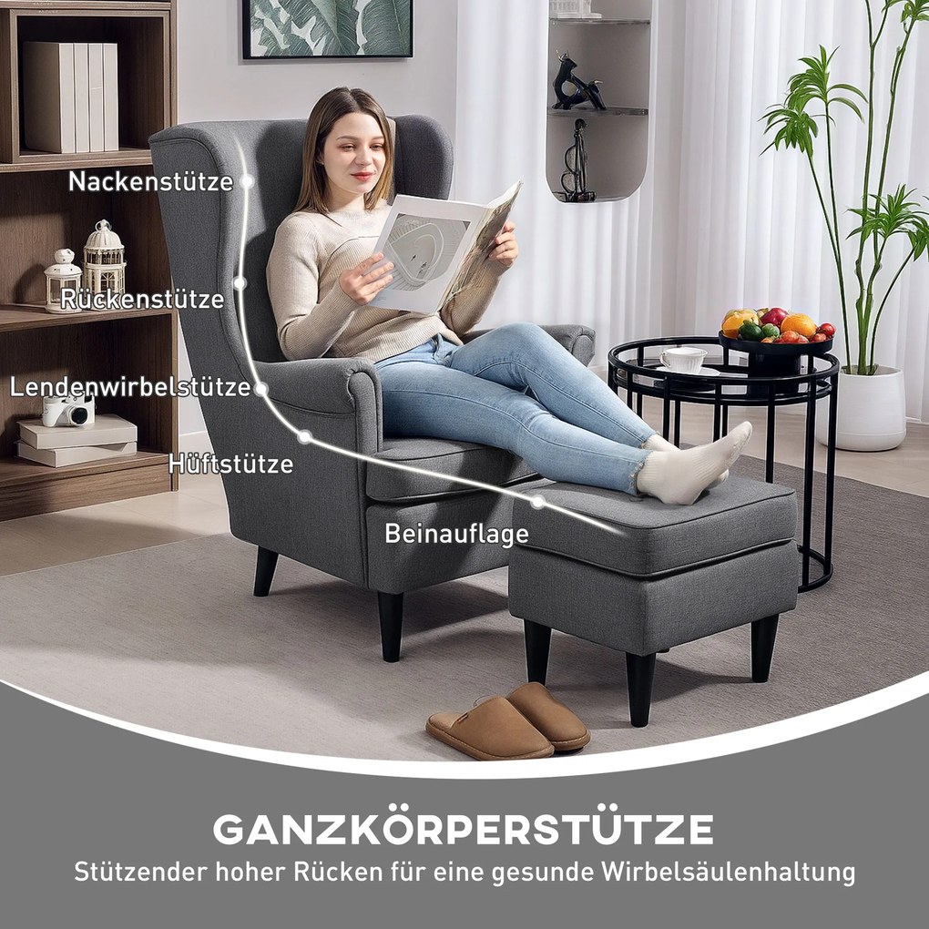 HOMCOM Křeslo s opěrkou a podnožkou - Moderní křeslo s látkovým vzhledem, bederním polštářem, pohodlné křeslo s opěrkami do obývacího pokoje Šedé