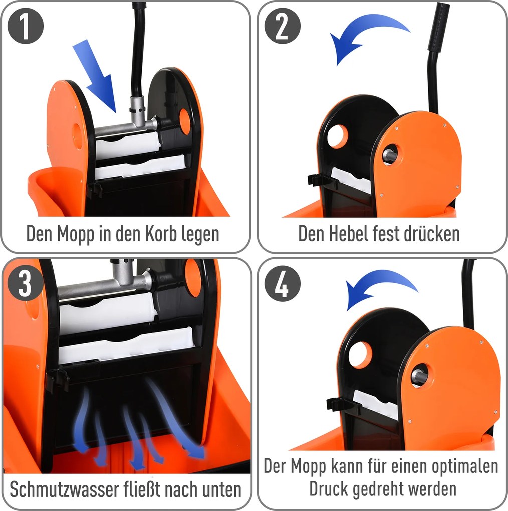 HOMCOM Úklidový vozík s košem na kolečkách a ždímačkou 36 l černý/oranžový 54x41x91,5 cm pro profesionální úklid