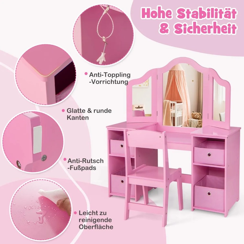 Costway Dětský kosmetický stolek 2 v 1 s úložnými boxy, růžový