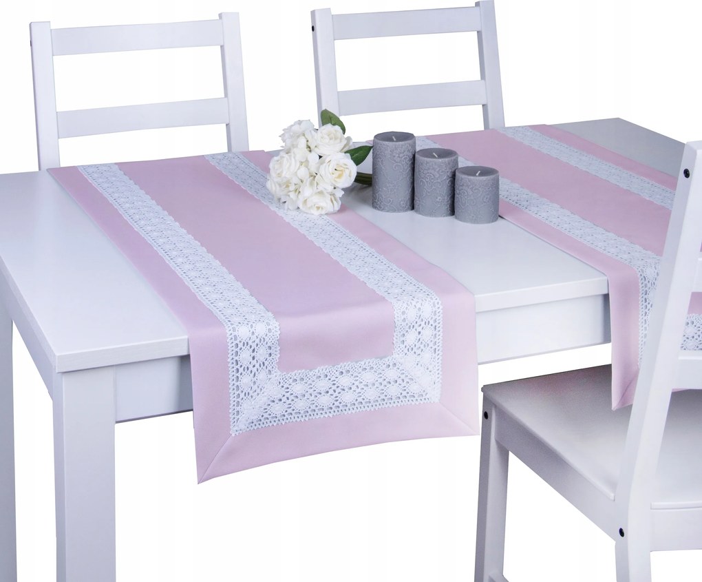 běhoun na stůl s krajkou Sewilla 40x200 skvrnám odolný pás růžový