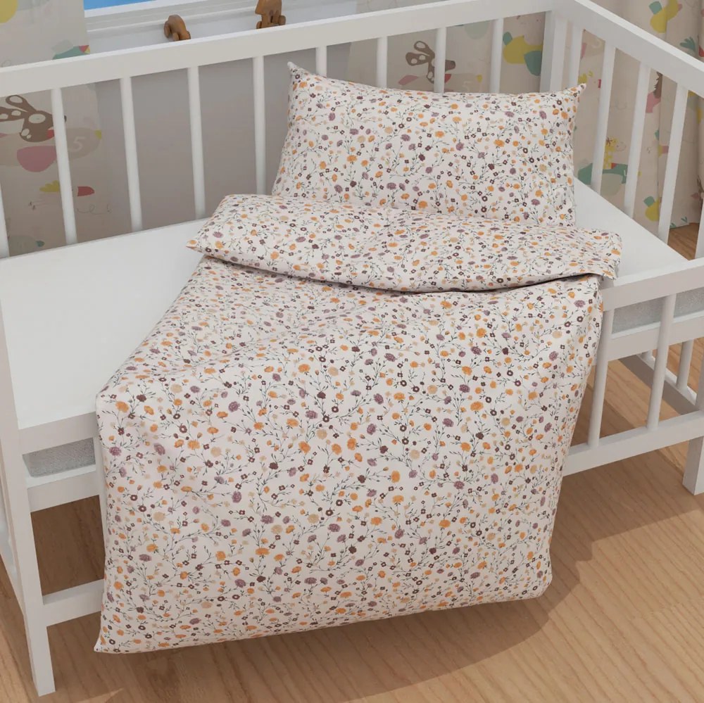 Biante Dětské bavlněné povlečení do postýlky Sandra SA-720 Oranžovo-hnědo-béžové drobné květiny na smetanovém Do postýlky 90x140 a 40x60 cm