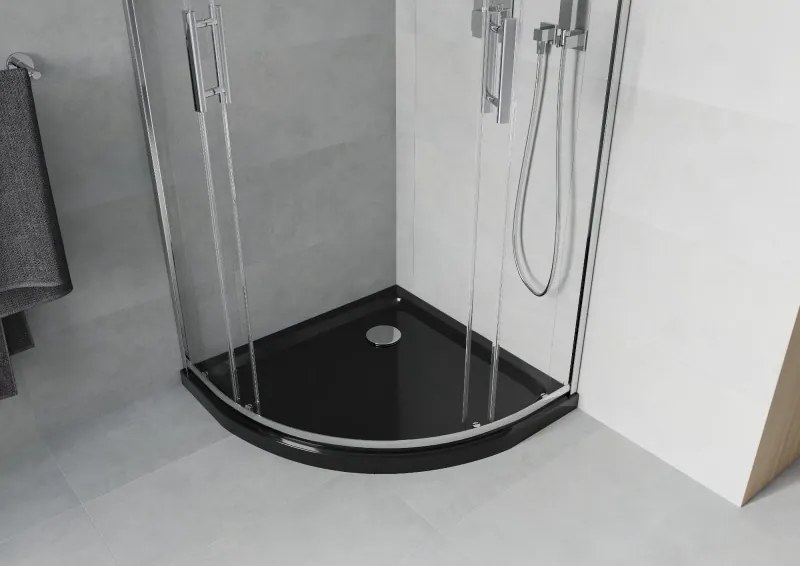 Mexen Rio, čtvrtkruhový sprchový kout 80 x 80 cm, 6mm čiré sklo, chromový profil + černá sprchová vanička, 863-080-080-01-00-4170